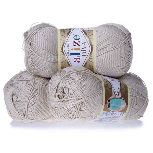 Пряжа для вязания Ализе Дива (ALIZE Diva) №383 льняной, комплект 3 мотка, 100% микрофибра акрил ...
