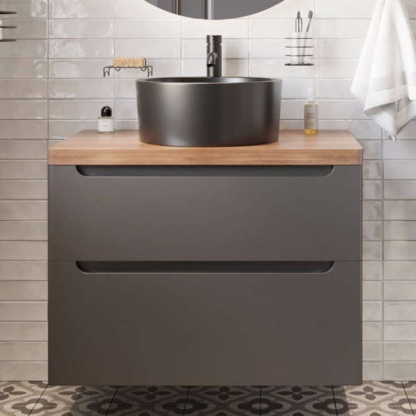 Тумба с раковиной STWORKI Берген 80 подвесная, 79, 5 см, накладная, круглая, с ящиками, в ...