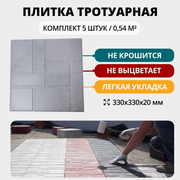 Плитка тротуарная полимерпесчаная, 10 кирпичей, 33х33х2 см, серая, 5 шт ...