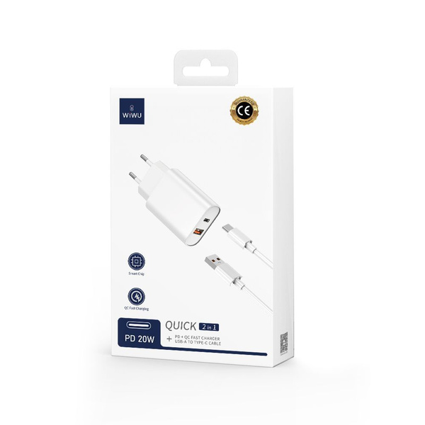 Сетевое зарядное устройство Wiwu Quik 20W+18W PD+QC Fast Charger Wi-U002 white, USB 2.0 Type-A ...