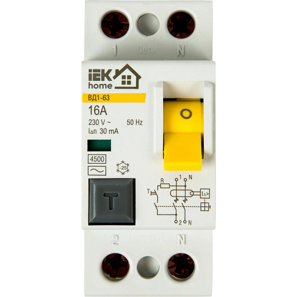 УЗО IEK Home ВД1-63 1P N 16 А 30 мА 4.5 кА AC MDV10-2-016-030 - купить с доставкой по выгодным ...