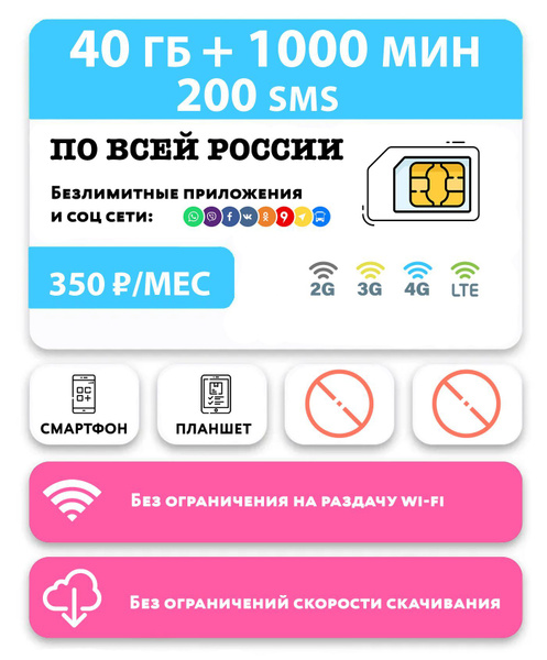 WHYFLY SIM-карта 40гб интернета 3G/4G/LTE + 1000 мин + 200 смс за 350 руб/месяц (смартфоны ...