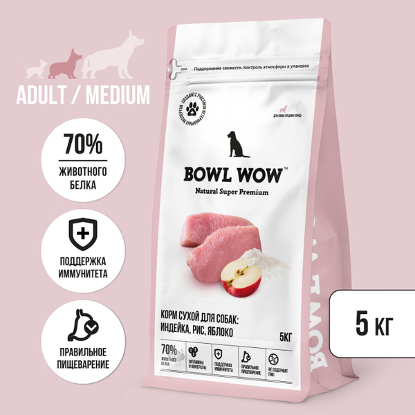 Корм сухой BOWL WOW супер премиум с индейкой, рисом и яблоком для собак ...