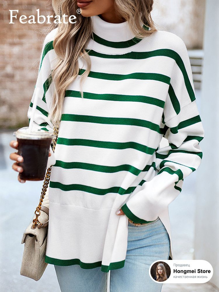 Свитер Женский Feabrate зеленый Вискоза, Полиэстер, размер 52, 54 Без застежки свободный Длинный ...