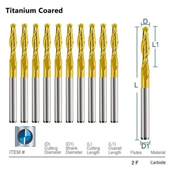 Набор Фреза спиральная двухзаходная сферическая 10шт, 3,175x3,175x22мм ...