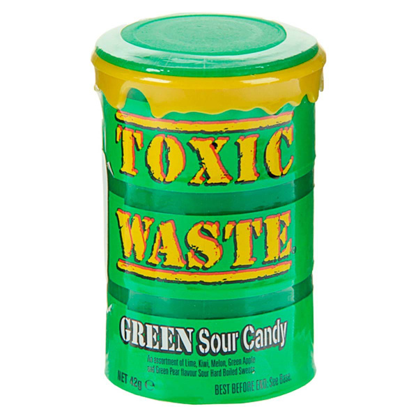 Кислые леденцы Toxic Waste Green Sour Candy (зеленая бочка) (США), 42 г ...