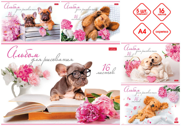 Набор альбомов для рисования Hatber 16 листов, формата А4, на скобе, 5 штук/5 дизайнов - купить ...
