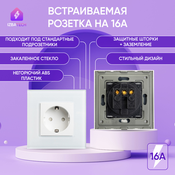 Встраиваемая розетка с заземлением и защитой от детей на 16А одинарная ...