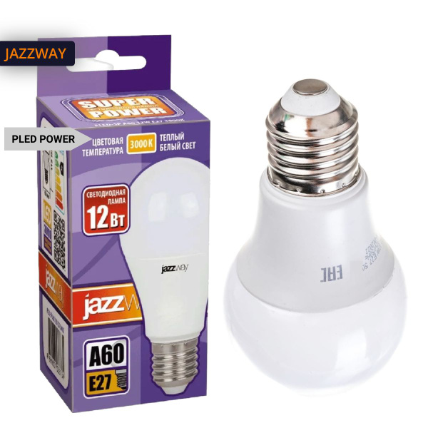 Лампа светодиодная PLED-SP A60 12Вт грушевидная 3000К теплый белый E27 1080лм 230В JazzWay 1шт ...