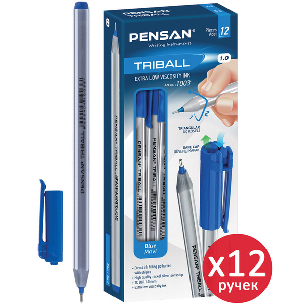 Ручка шариковая синяя PENSAN Triball, набор 12 штук, узел 1мм - купить ...