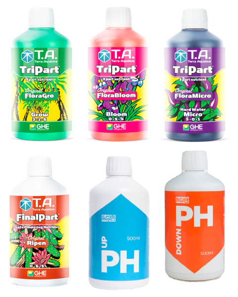 Комплект удобрений, Flora Grow+Bloom+Micro HW (для жесткой воды)+Ripen + Регулятор кислотности ...