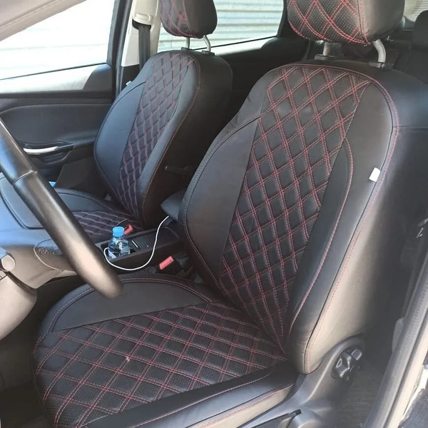 Авточехлы из экокожи для Лада Веста Lada Vesta 2180 черные /красная ...