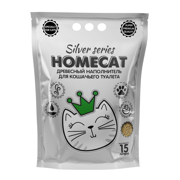 HOMECAT SILVER SERIES 15 л 3 кг древесный наполнитель премиум для кошачьих туалетов - купить с ...