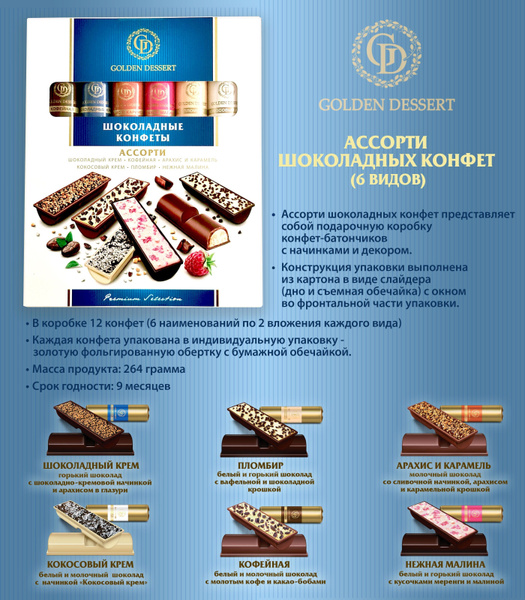 Шоколадные конфеты с начинкой GOLDEN DESSERT, Ассорти "Синее" 264 г ...