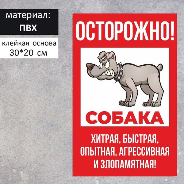 Табличка "Осторожно собака" хитрая 200х300, клейкая основа, цвет красно ...