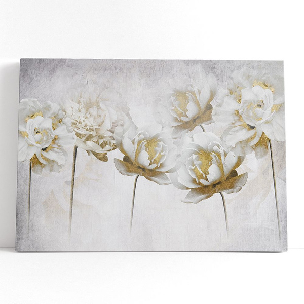 Интерьерная картина "Белые цветы в золоте" 100х70 см. на натуральном холсте с подрамником, арт ...