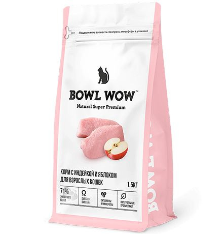 BOWL WOW / Сухой корм Боул Вау для Взрослых кошек с Индейкой и яблоком, 1,5 кг - купить с ...