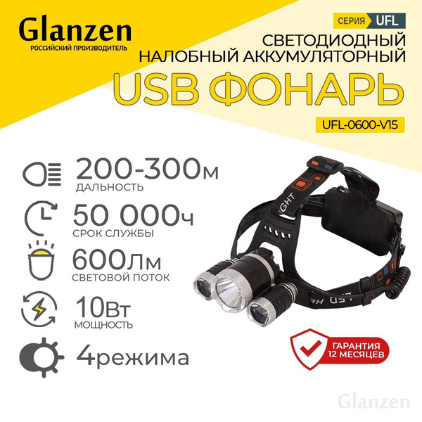 Светодиодный налобный аккумуляторный с 4 режимами USB фонарь GLANZEN ...