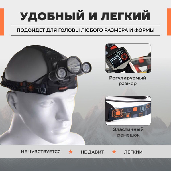 Налобный фонарь аккумуляторный, светодиодный, для рыбалки, охоты ...