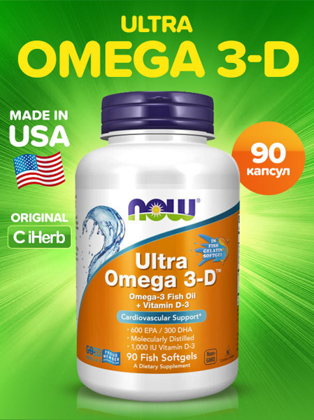 NOW Ultra Omega 3-D, Ультра Омега 3-Д, 600 EPA/300 DHA 90 капсул ...
