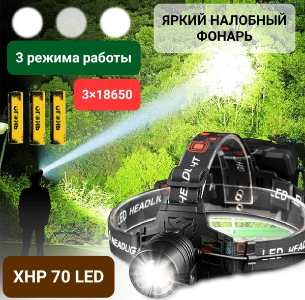Мощный фонарь налобный аккумуляторный 3*18650/ Фонарик на голову с ...