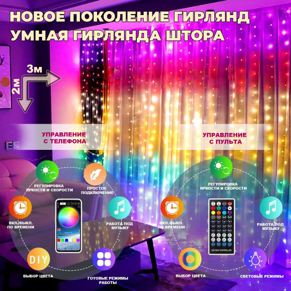 Умная гирлянда Штора RGB, размер 3х2 метра, питание USB, Bluetooth ...