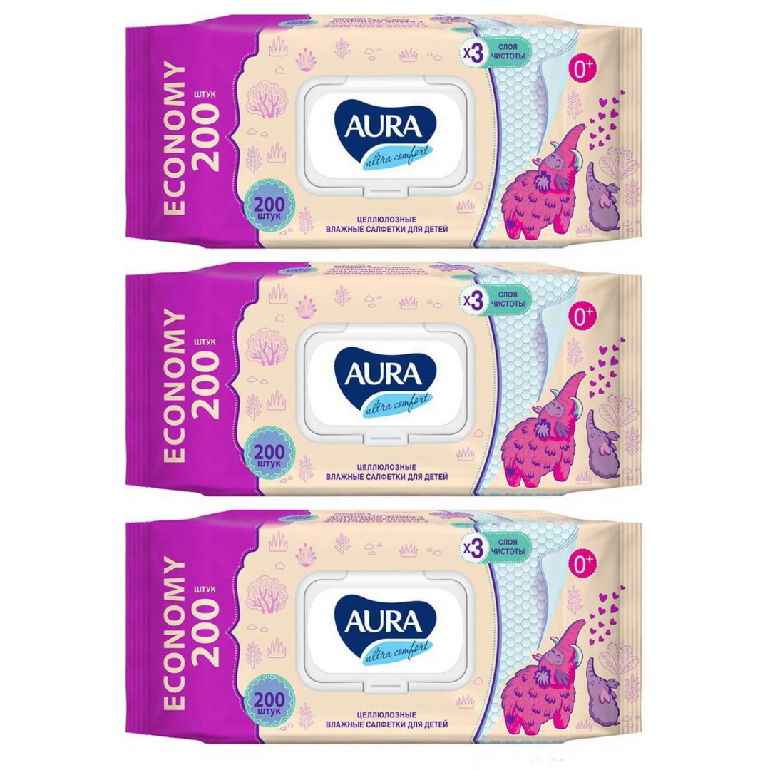 AURA ULTRA COMFORT Влажные салфетки для детей big-pack с крышкой.200 шт ...