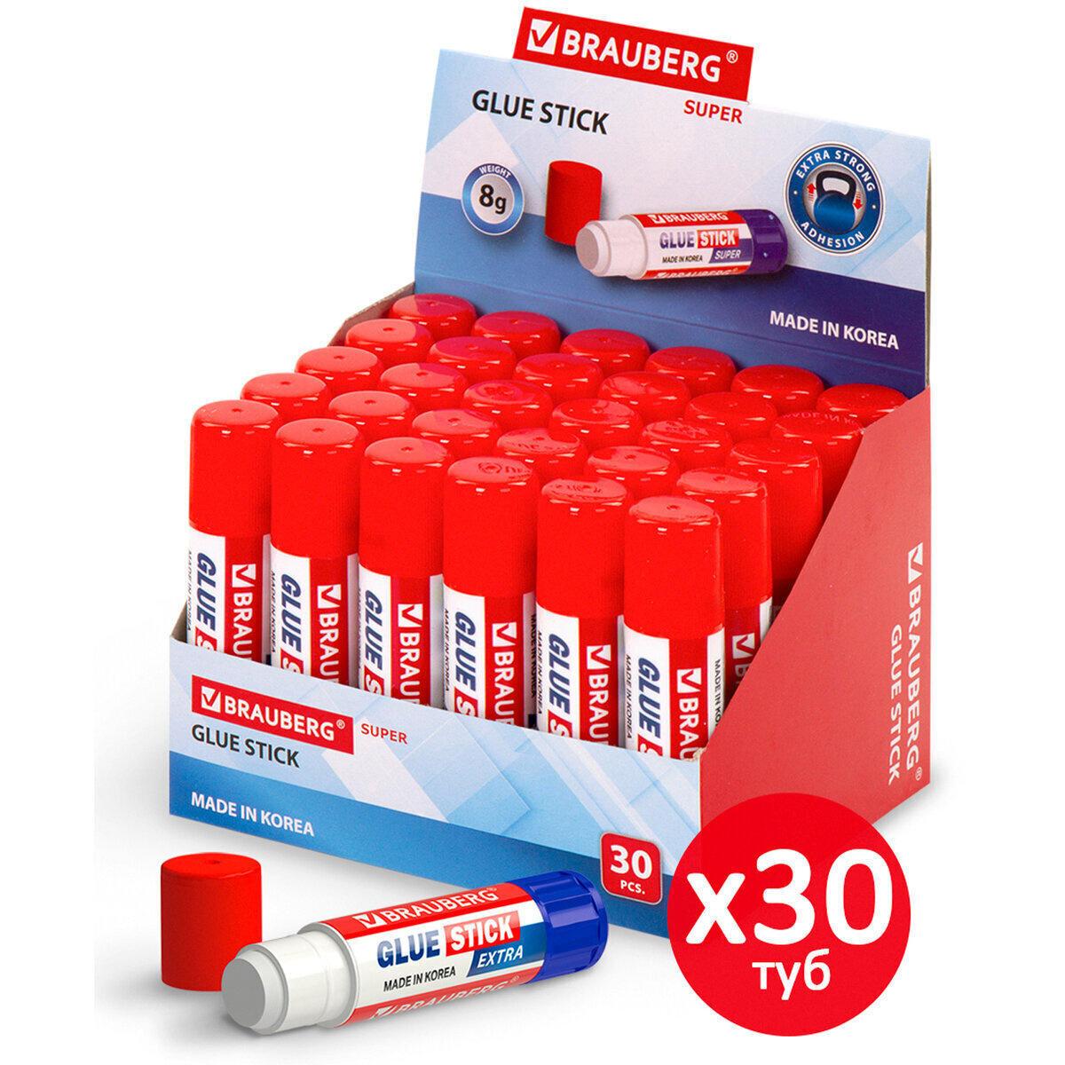 Клей-карандаш Brauberg Super 8 грамм, комплект 30 штук, PVP (ПВП ...