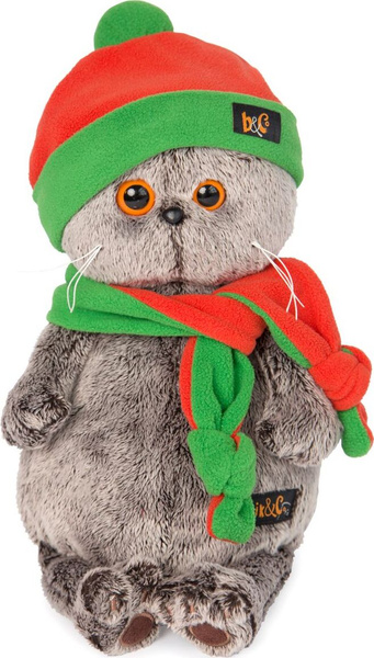 Мягкая игрушка Budi Basa Кот Басик в оранжево-зеленой шапке и шарфике, 22 см, в подарочной ...