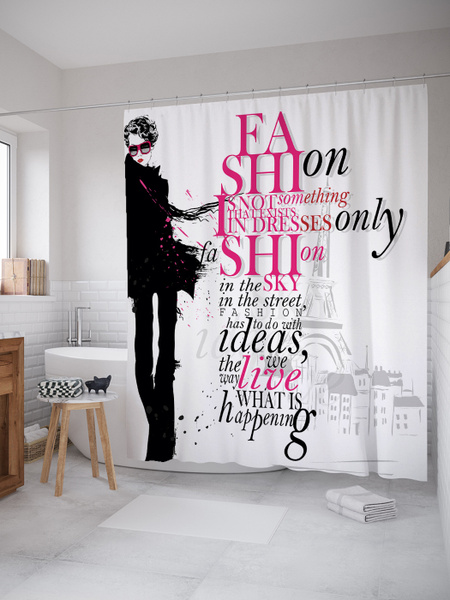 Штора для ванной 200x180 см JoyArty девушка, надписи, башня, вера, стремление, мотивация, текст ...