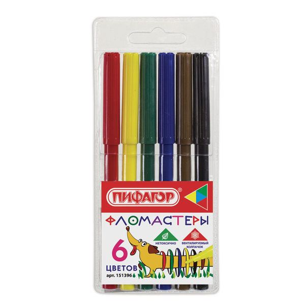 Фломастеры Пифагор "Веселая такса", 6 цветов, вентилируемый колпачок ...
