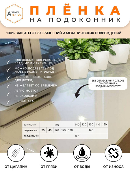 Гибкое стекло АЗБУКА ТЕНТОВ 35x140 см, толщина 0.7 мм, прозрачный, ПВХ ...