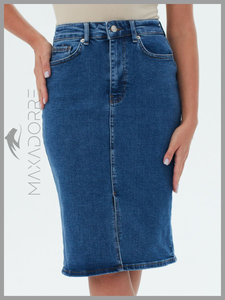 Юбка Женский MAXADORRE синий Деним карандаш, размер 48 Молния Миди Карманы, Разрезы Однотонный ...