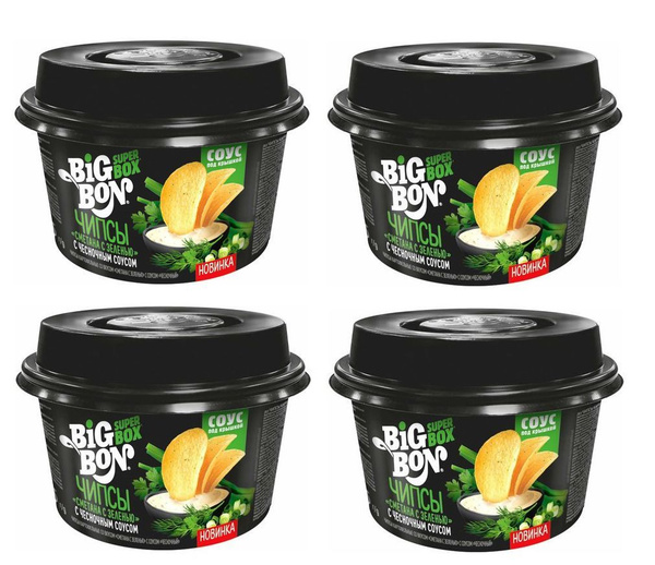 Чипсы картофельные BIGBON со вкусом СМЕТАНА С ЗЕЛЕНЬЮ с соусом ...