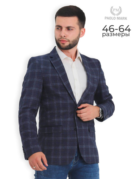 Пиджак Мужской PAOLO MARK синий, коричневый, размер 50 Полиамид, Шерсть Карманы полуприталенный ...