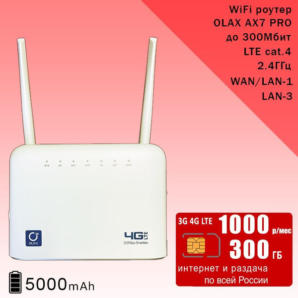 Роутер OLAX AX7 PRO, аккумулятор 5000mAh, cat-4, до 300Мбит, комплект с sim-картой с интернетом ...
