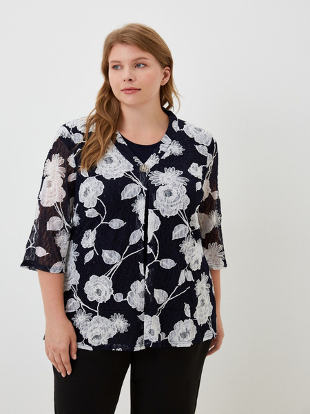 Твинсет Женский Olsi синий Трикотаж масло, размер 58 Цветочный Россия ...