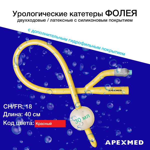 Катетер урологический Фолея с гидрофильным покрытием Apexmed / Апексмед ...