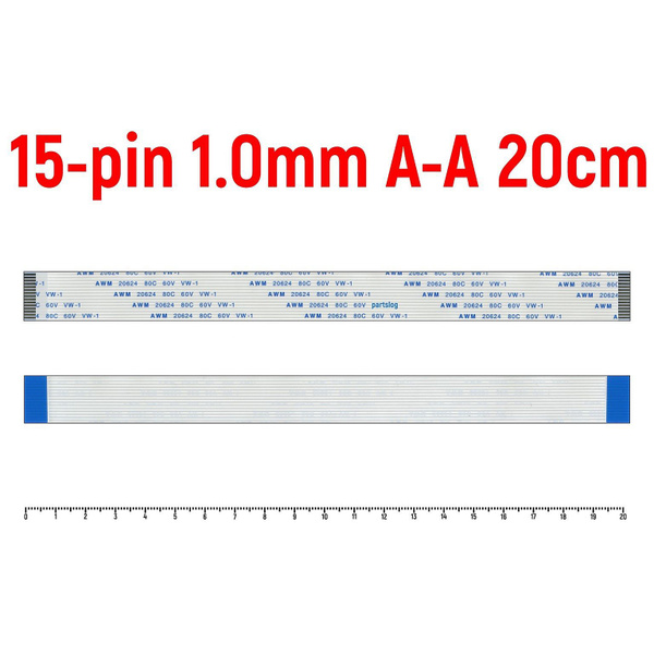 FFC Шлейф 15-pin Шаг 1.0mm Длина 20cm Прямой A-A AWM 20624 80C 60V VW-1 ...