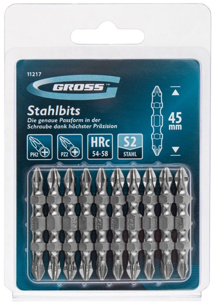 Бита двухсторонняя, PH2-PZ2 х 45 мм, сталь S2, 10 шт. // Gross 11217 ...