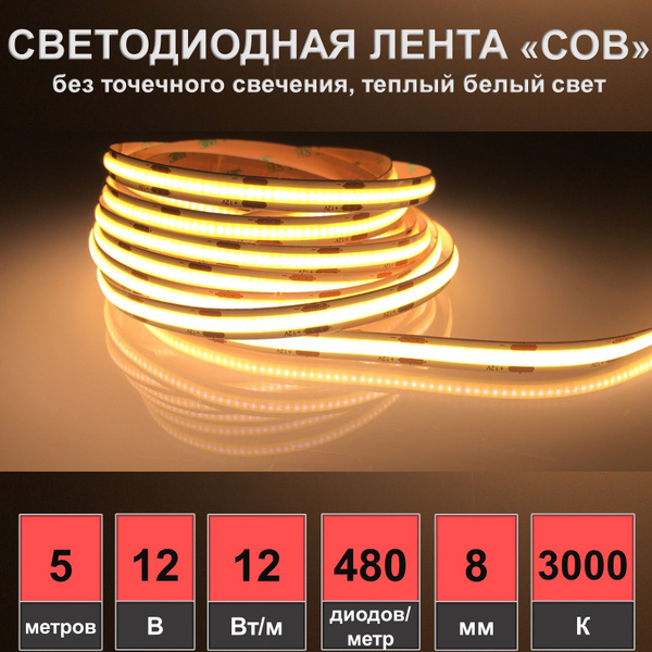 Светодиодная лента, 12В, IP20, 480 LED/m Лента непрерывного свечения ...