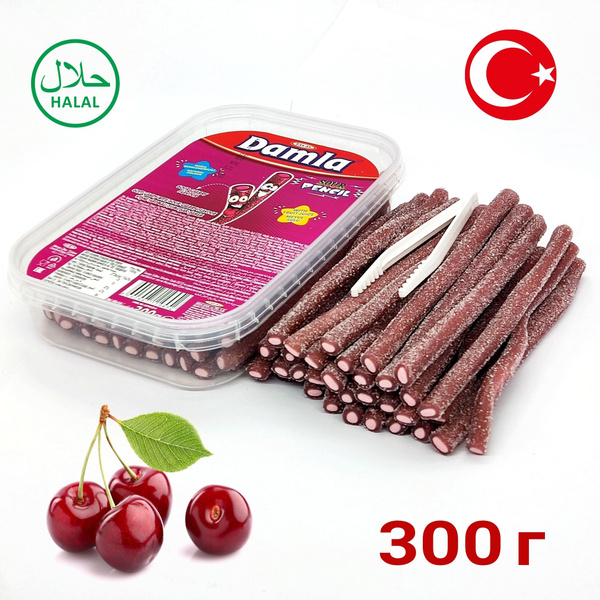 Жевательный мармелад DAMLA TAYAS мармеладные трубочки со вкусом вишни кислые, контейнер / 300 гр ...