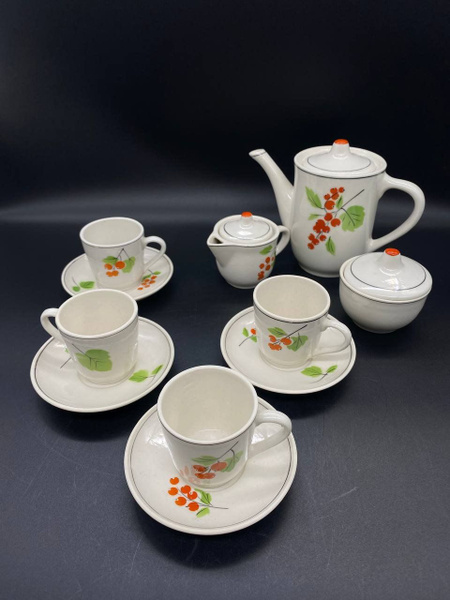 Сервиз антикварный/винтажный детский Рябина миниатюрный, фарфор, деколь, Объединение Гжель, СССР ...