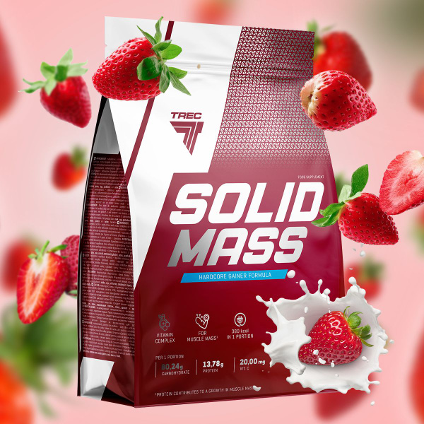 Гейнер, Solid Mass клубника Trec Nutrition, белки и углеводы, для тренировок, спортивное питание ...