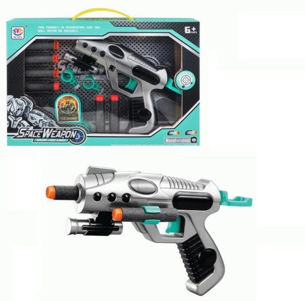 Бластер космический Junfa в коробке (модель 1) с 6 пулями и мишенью, со световыми и звуковыми ...