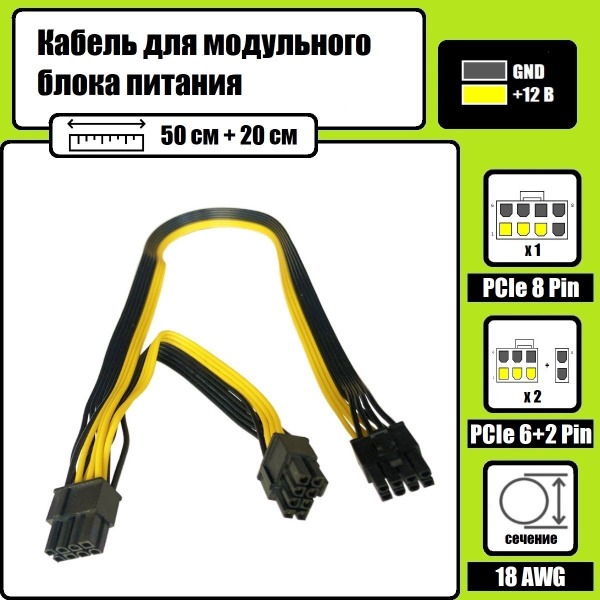 Кабель Кабель питания для видеокарт 8 PIN на 2 x 8 PIN (2 + 6 PIN ...