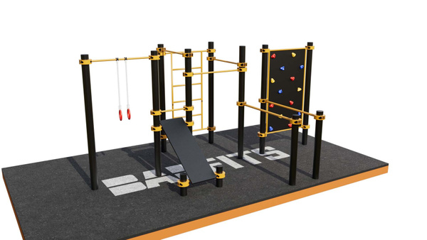 Воркаут-комплекс: скалодром, шведская стенка, кольца, 3 турника, брусья и наклонная скамья K-040 ...