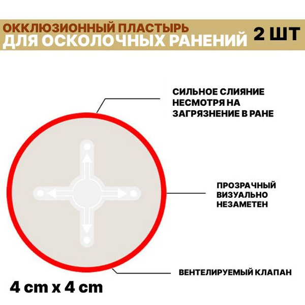 окклюзионный вентилируемый пластырь для осколочных ран 4 см х 4 см 2 шт ...
