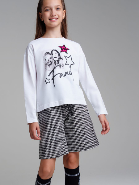 Шорты Девочки PlayToday Повседневный черный, белый, размер 134 Трикотаж Шнурок Гусиная лапка ...