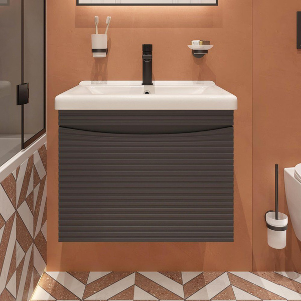 Тумба с раковиной STWORKI Хедмарк 60 подвесная, 60 см, черная, с ящиками, прямоугольная, в ...